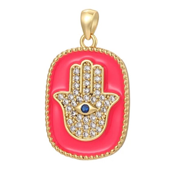 Boutique | Jewelry | Gold Crystal Bright Coral Enamel Hamsa Evil Eye ...